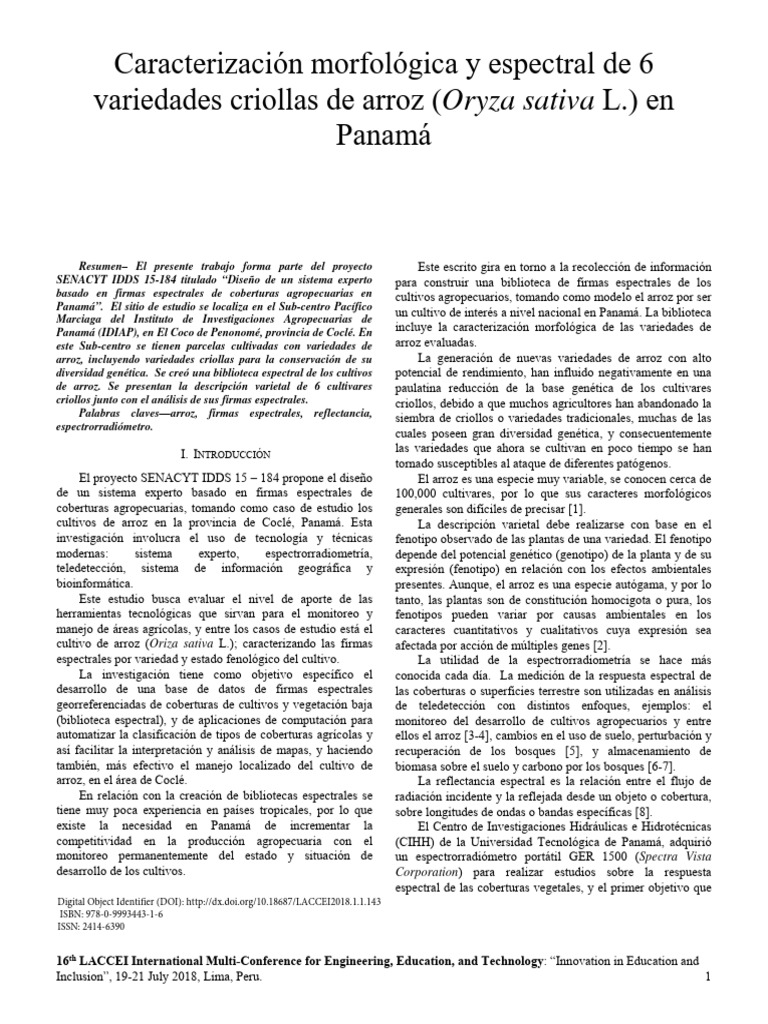 Caracterizacion Morfologica y Espectral de 6 Variedades Criollas de Arroz (UTP-IDIAP) | PDF ...