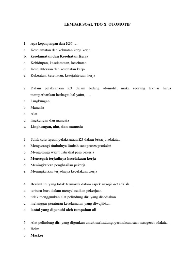 LEMBAR SOAL TDO X OTOMOTIF Dengan Jawaban | PDF | Teknologi & Rekayasa