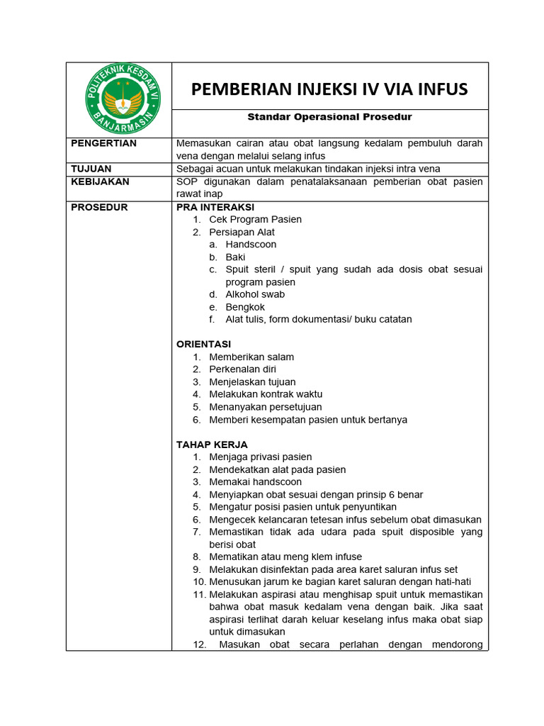 Sop Injeksi Iv Melalui Selang Infus | PDF