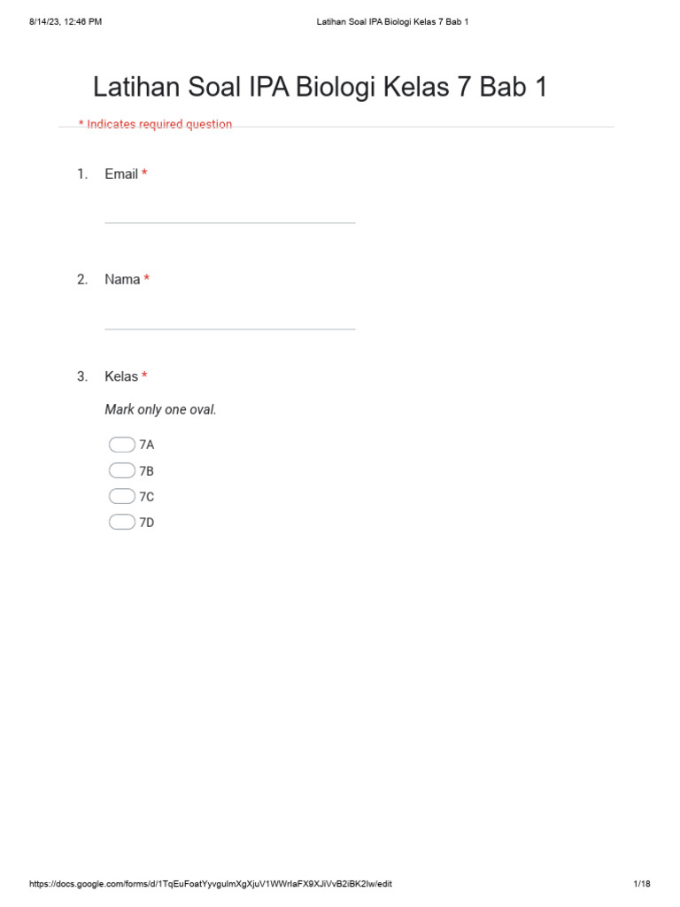 Latihan Soal IPA Biologi Kelas 7 Bab 1 - Google Forms | PDF