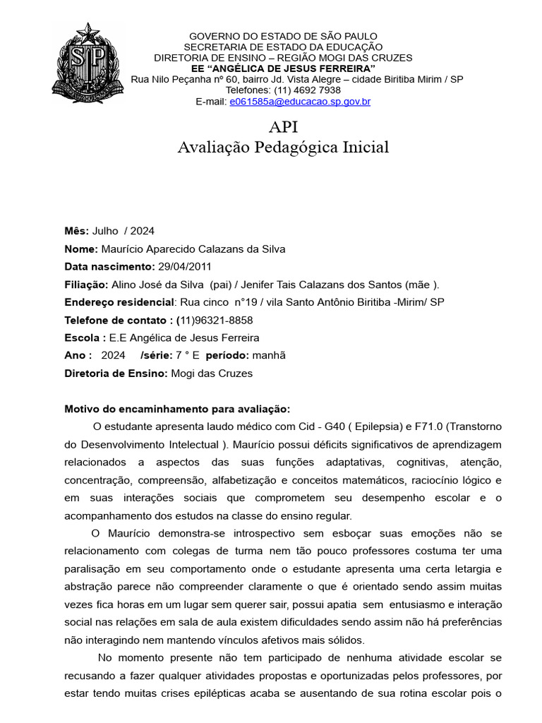 API Documento 2024 .Prof Andrea - Maurício Calazans 7° E | PDF ...