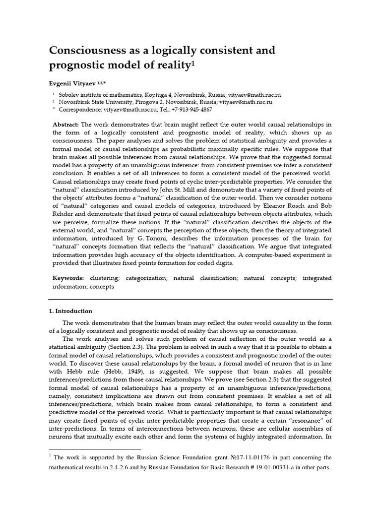Consciousness As A Logically Consistent and Prognostic Model of Reality1 | PDF | Causality ...