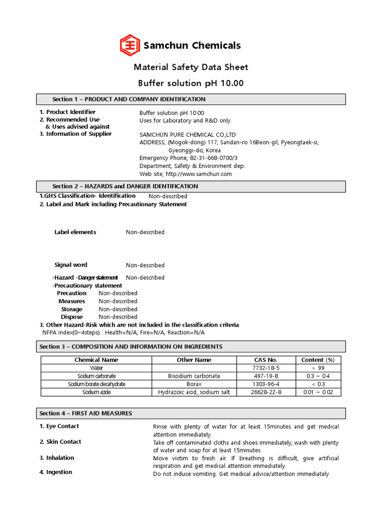 Buffer Solution pH 10.00 MSDS Guide | PDF | Chemistry | Safety