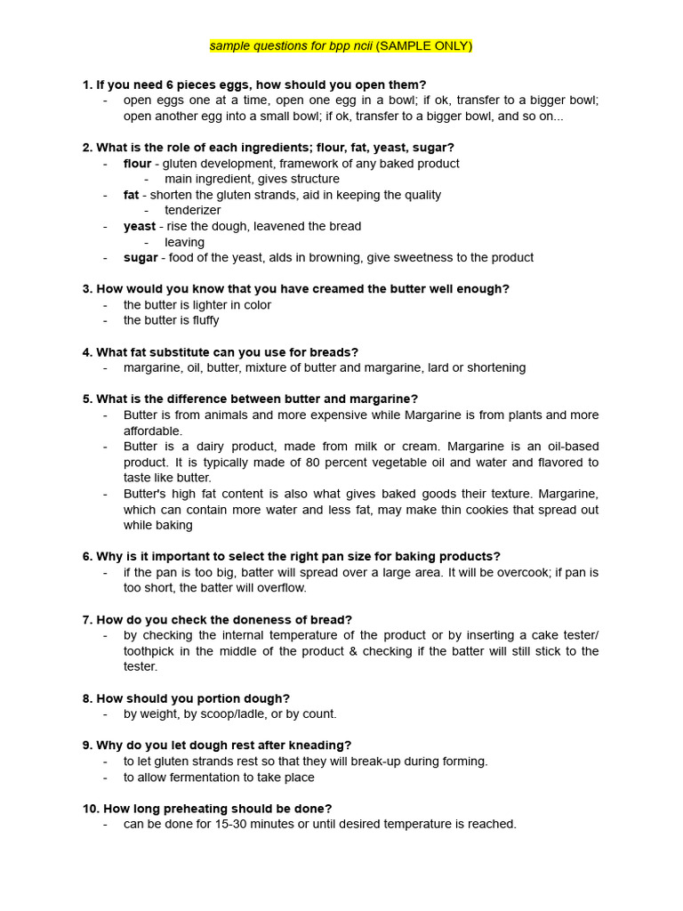 Sample Questions For BPP Ncii | PDF | Butter | Breads Sample Questions For BPP Ncii | PDF | Butter | Breads
