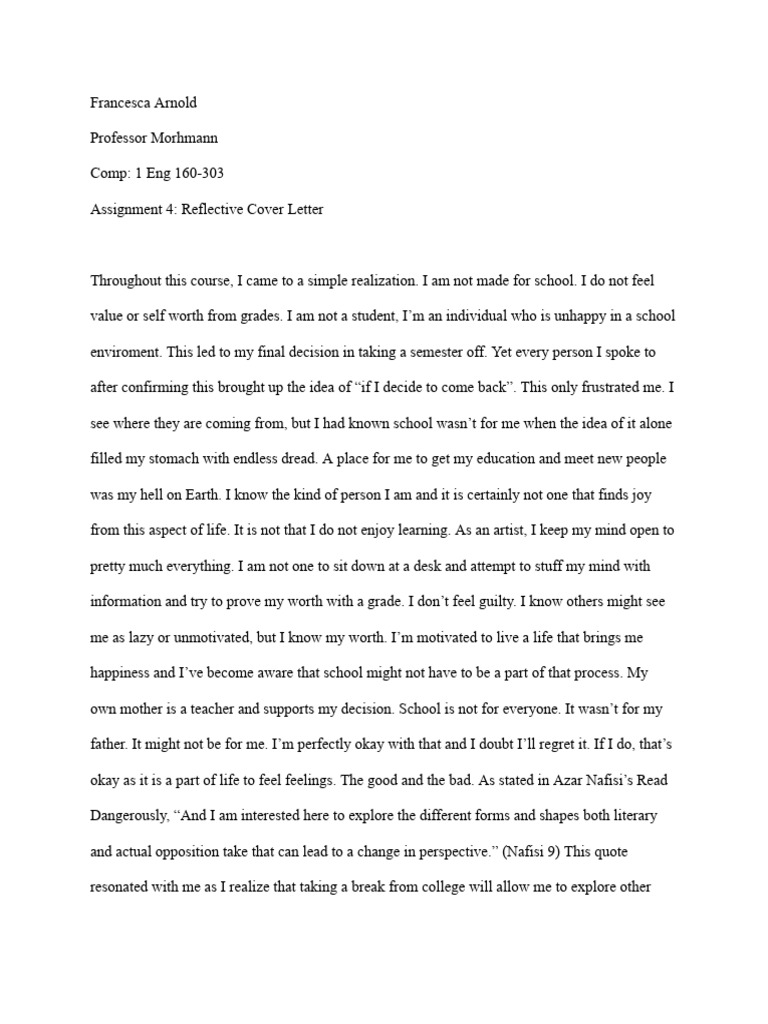 Francesca Arnold - Reflective Cover Letter ENG160 | PDF
