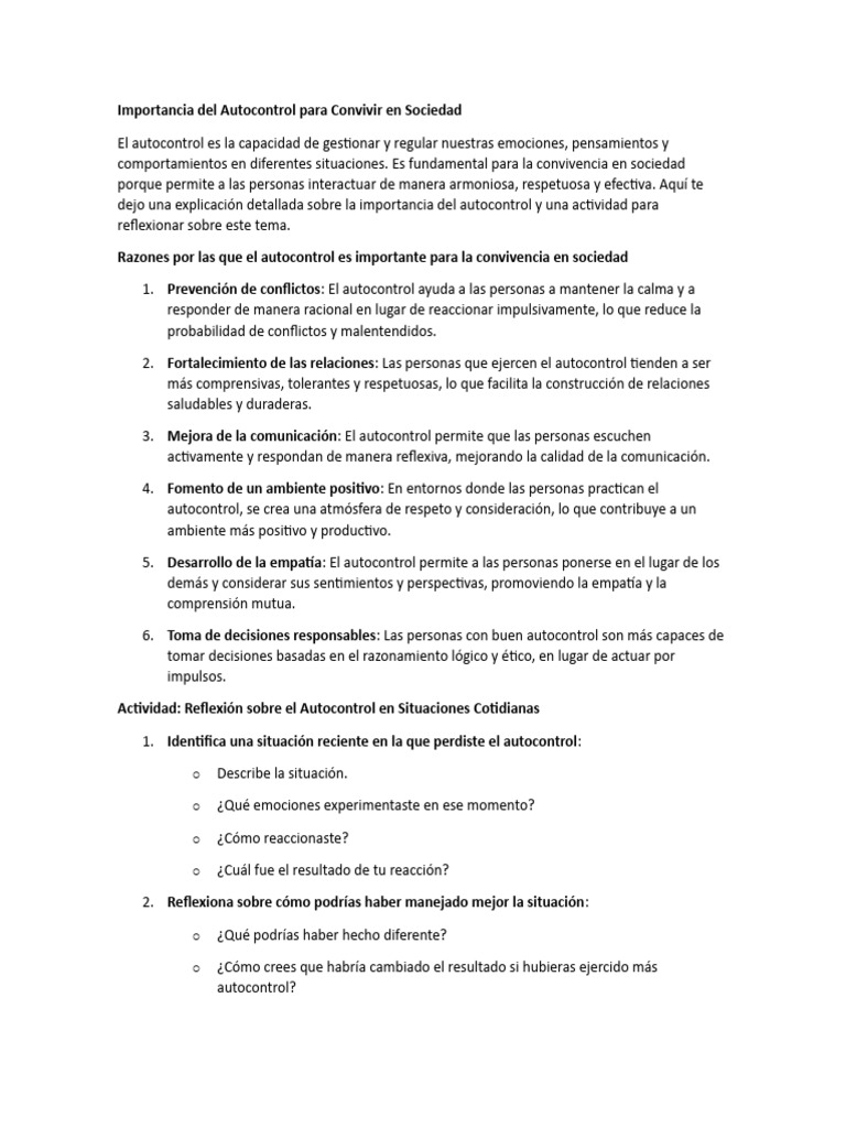 Importancia Del Autocontrol para Convivir en Sociedad | PDF | Las ...