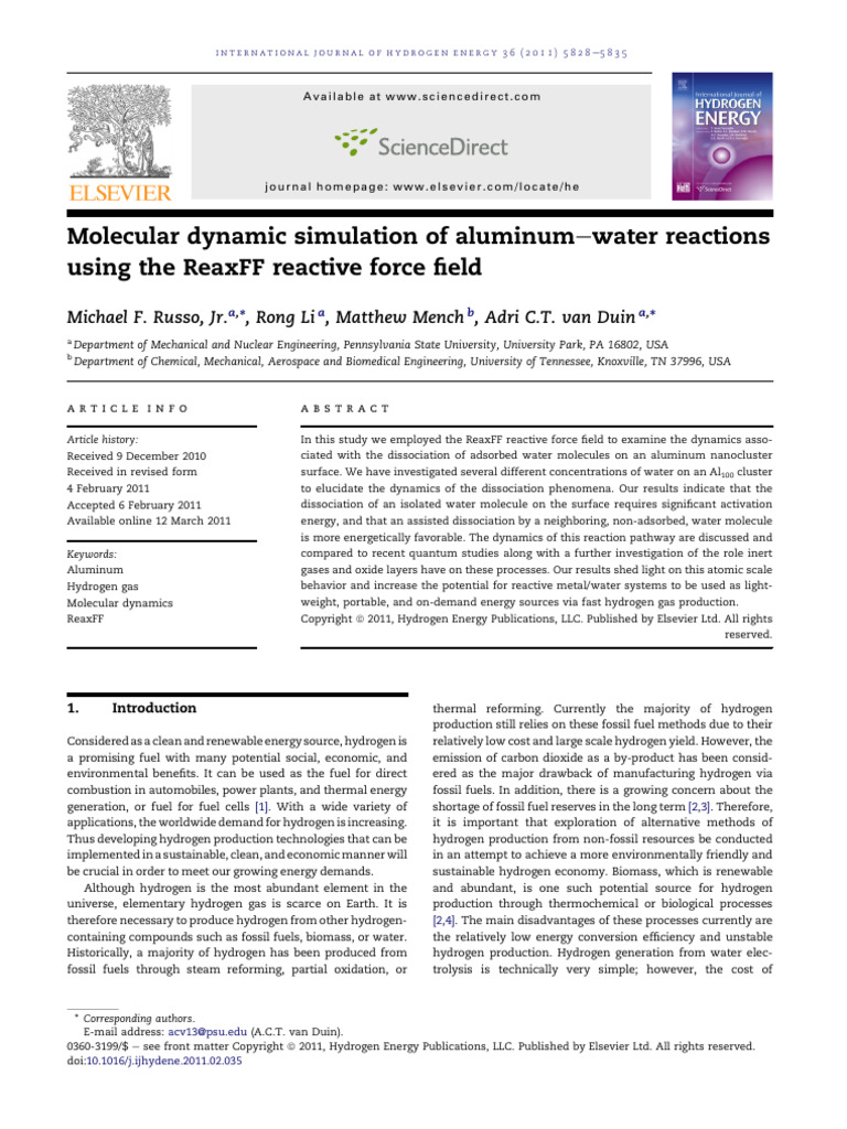 Molecular Dynamic Simulation Of Aluminumewater Reactions Using The Reaxff Reactive Force Field 