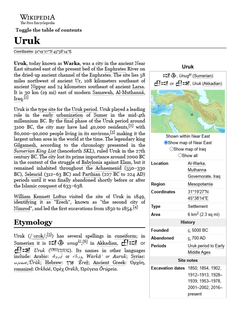 Uruk Wikipedia | PDF | Sumer | Archaeology Of Iraq