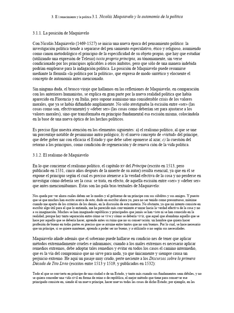 E L Renacimiento y La Política 3.1. Nicolás Maquiavelo y La Autonomía de La Política | PDF ...