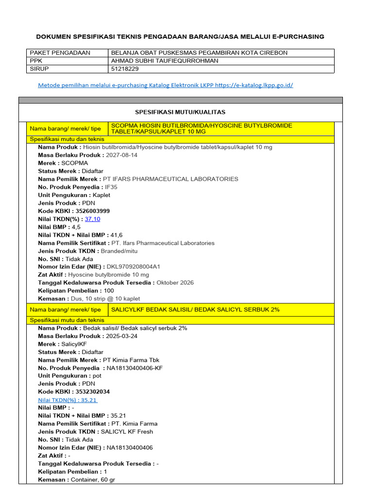 Dokumen Spesifikasi Teknis Pengadaan Obat Ekatalog PKM Pegambiran | PDF