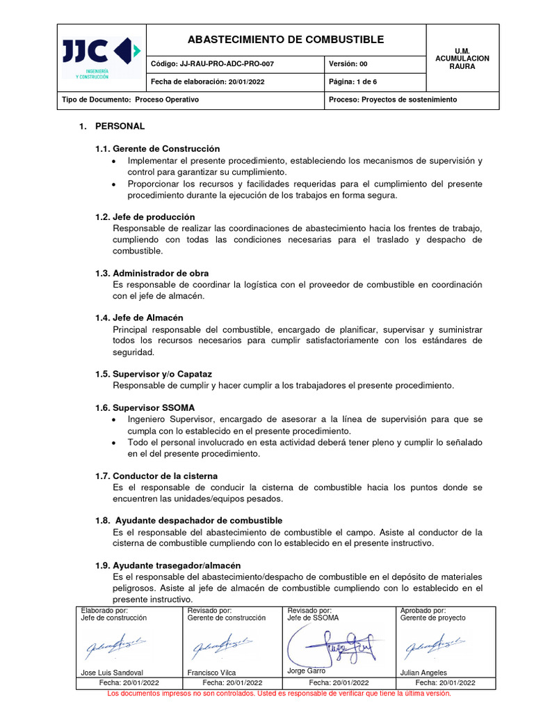 JJ-RAU-PRO-ADC-PRO-007 - Abastecimiento de Combustible | PDF