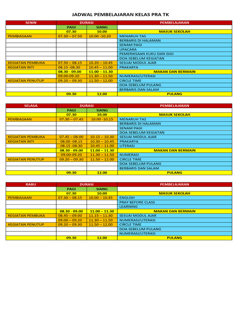 Jadwal Pembelajaran Kelas TK | PDF
