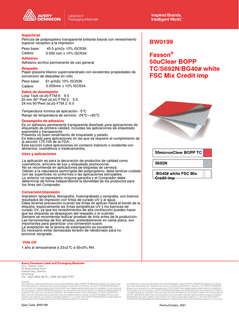 F5RO6337 - BW0199 Fasson PP Transparente 52 Micras, Adhesivo Acrílico ...