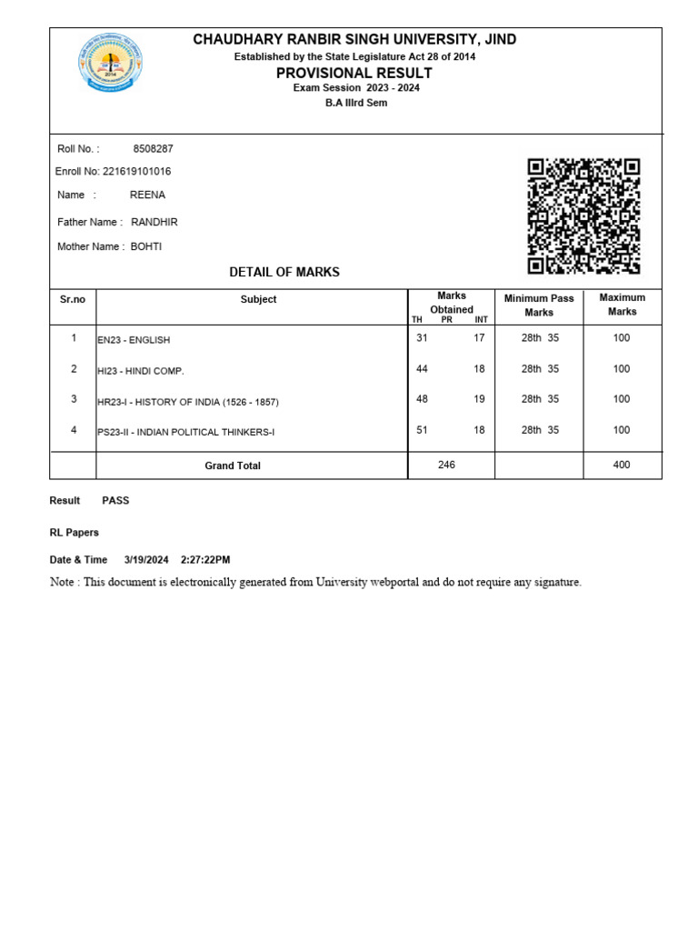 Provisional Marksheet | PDF