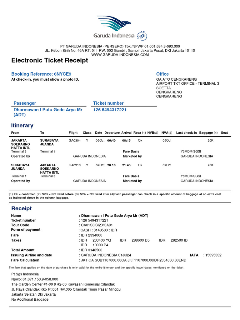 Garuda Indonesia Electronic Ticket Receipt | PDF