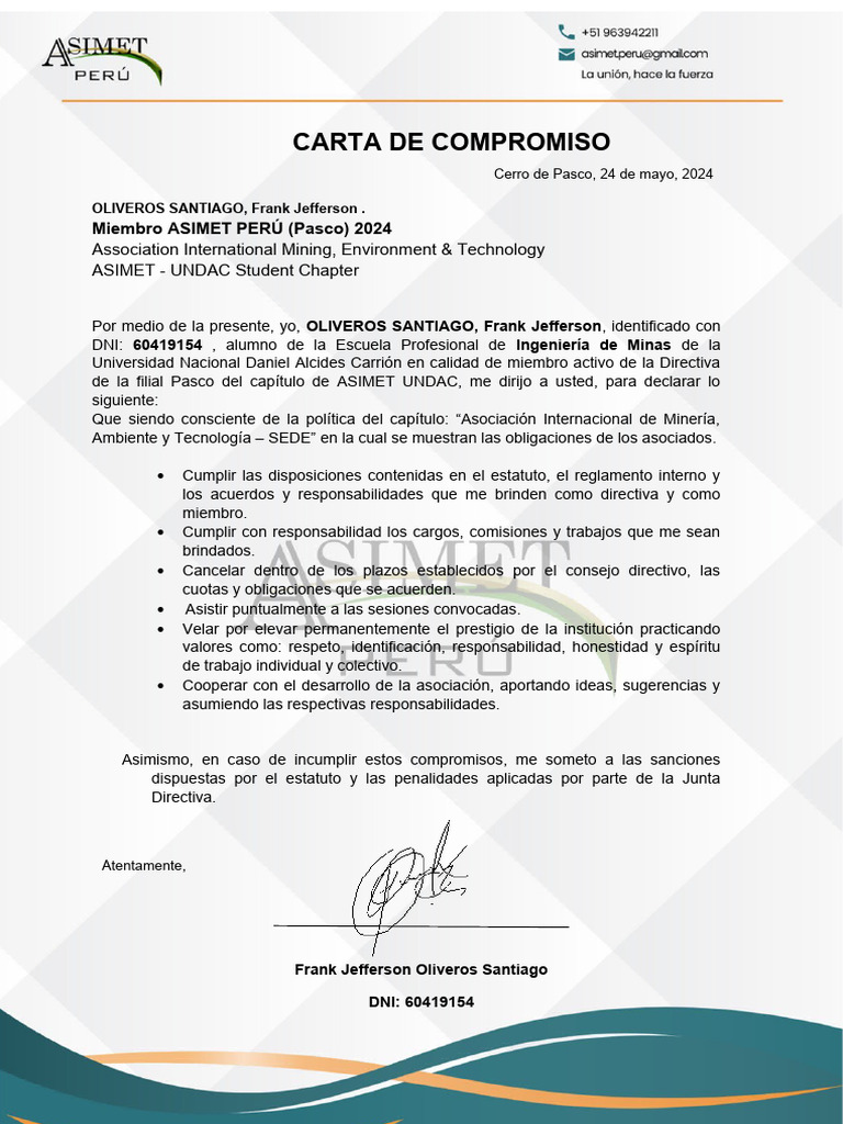 Carta de Compromiso ASIMET | PDF