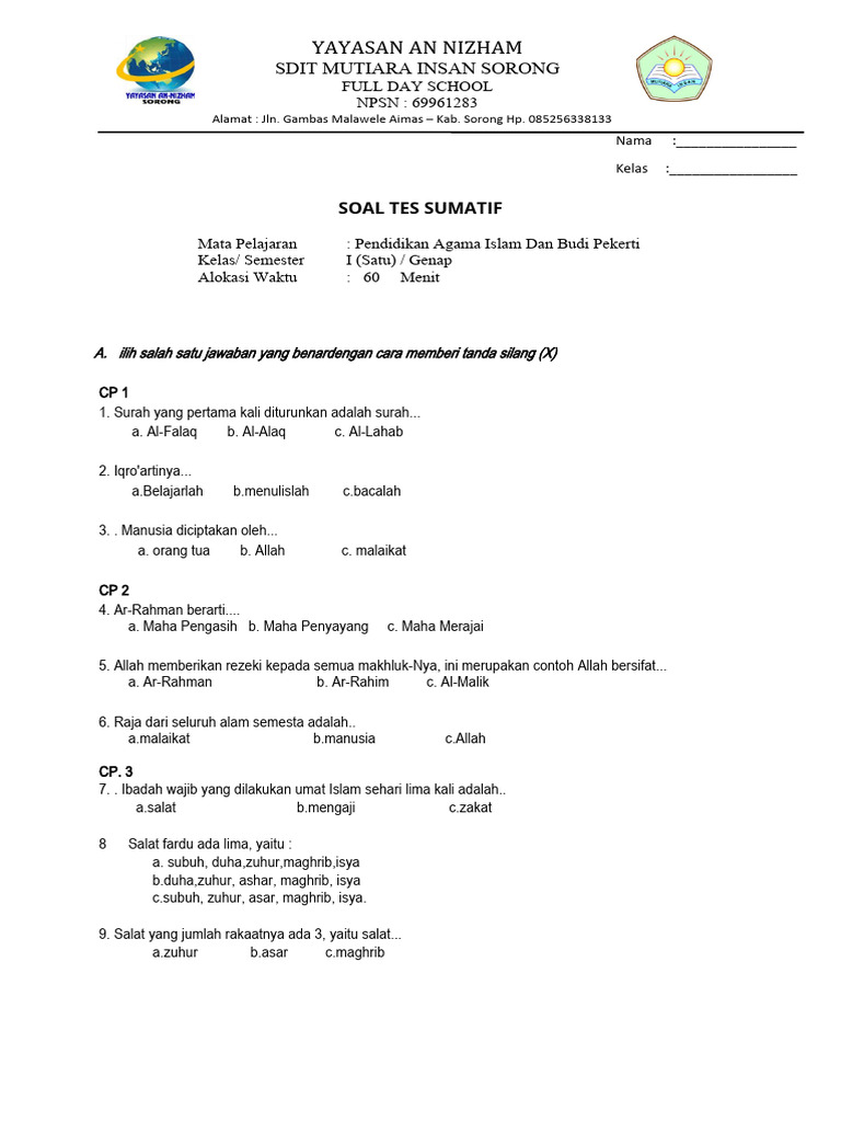 Soal Pat Pai Kelas 1 Smester Genap 2024 | PDF