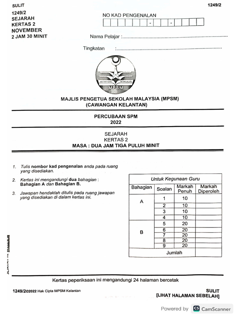 Kertas Trial Sej k2 Kelantan 2022 | PDF