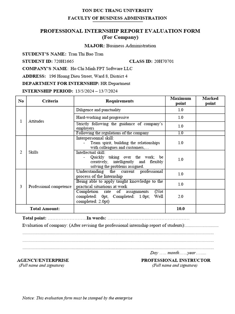 7 Professional Internship Period Evaluation Form (For Company) | PDF | Behavior Modification ...