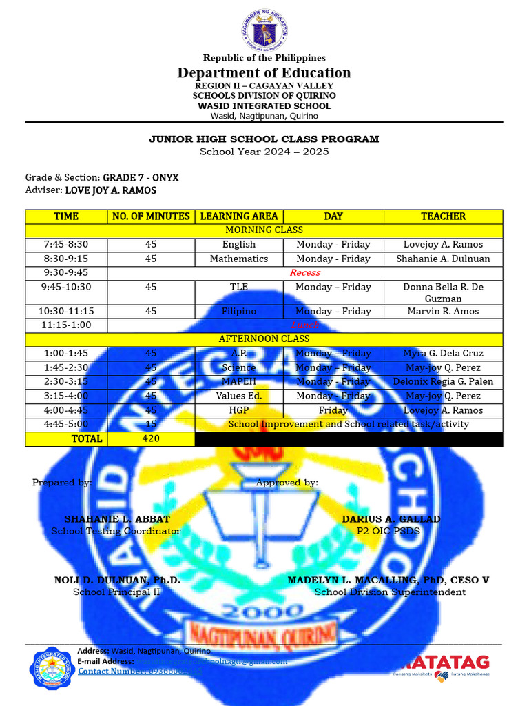Junior High School Class Program | PDF | Teachers | Curriculum