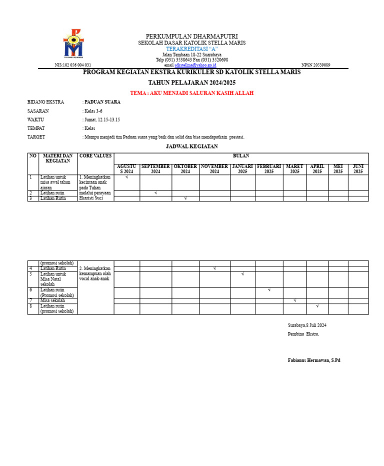Format Program Ekstrakurikuler Paduan Suara 2024-2025 | PDF