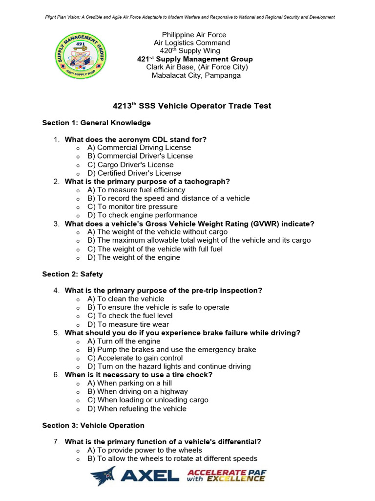 Vehicle Operator Trade Test | PDF | Vehicles | Traffic