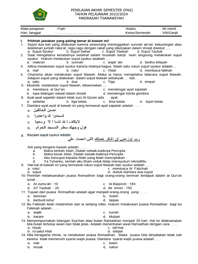 Soal PAS Fikih Kelas 8 Semester 1 - Kamimadrasah | PDF
