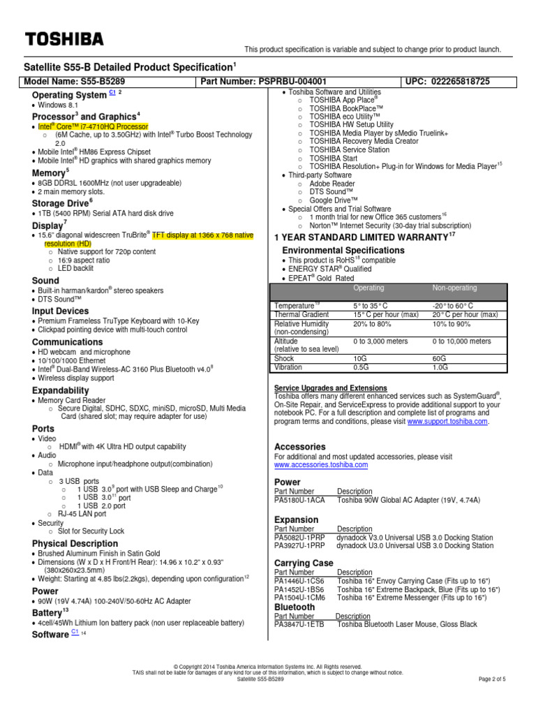 Toshiba Satellite S55-B5289 | PDF | Usb | Operating System