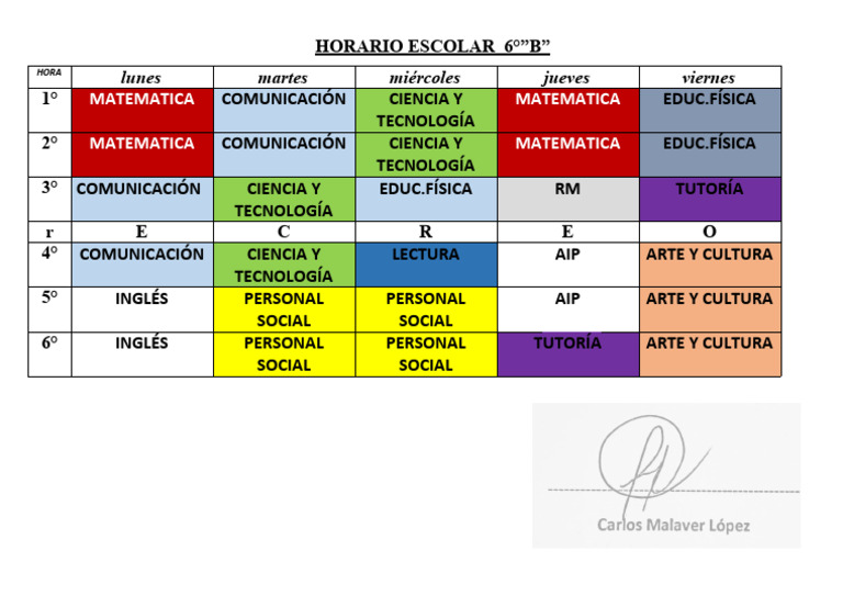 Horario Escolar 6° B: Clases Semanales | PDF | Ciencias sociales