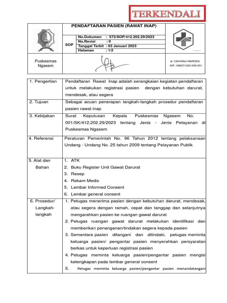 20.b. SOP Pendaftaran Pasien Ranap | PDF