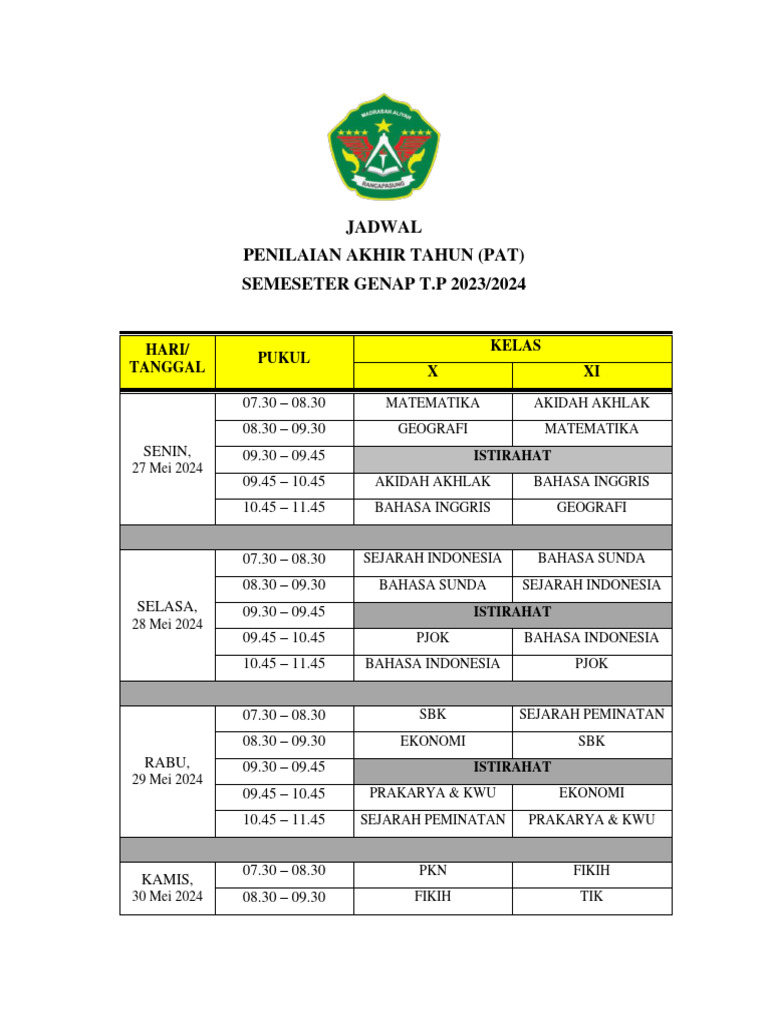 Jadwal PAT 2024 - SEM Genapl - 030038 | PDF