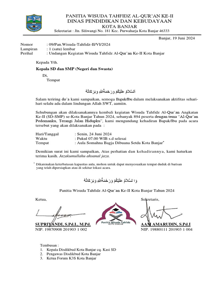 Surat Undangan Kepala Sekolah Wisuda Tahfidz 2024 | PDF