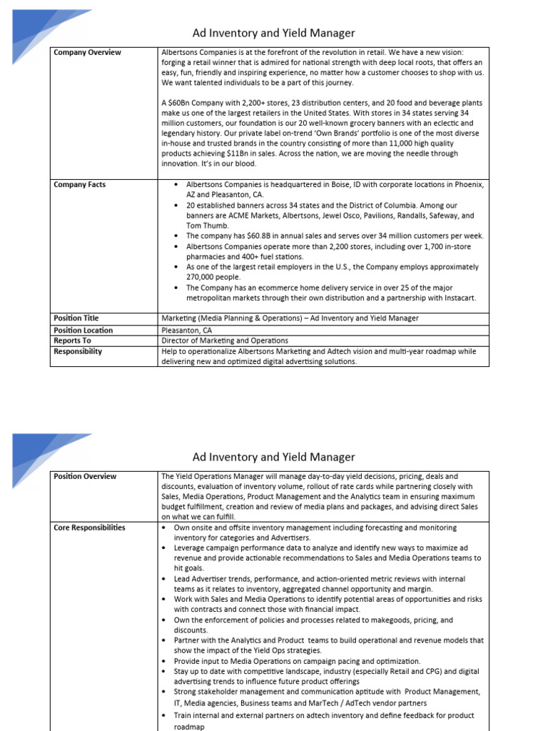 Ad Inventory & Yield Manager Role | PDF | Analytics | Marketing