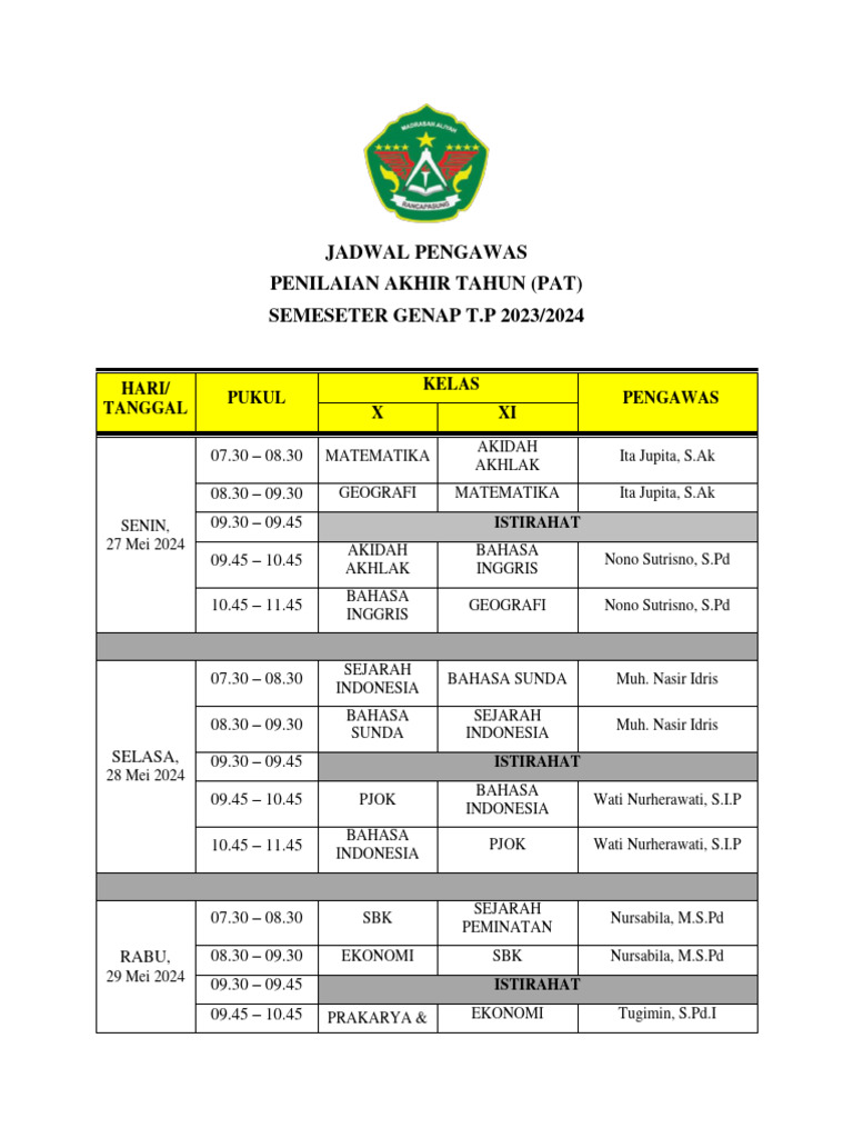 Jadwal Pengawas PAT 2024 - SEM Genapl - 030048 | PDF