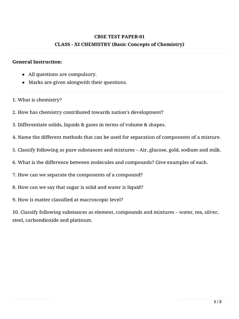 Test Paper 1 | PDF | Chemistry | Chemical Compounds