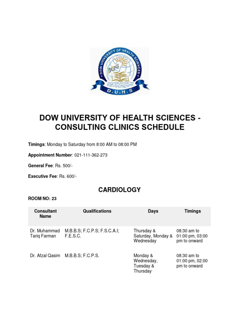 Dow University of Health Sciences Opd Schedule | PDF | Medicine ...