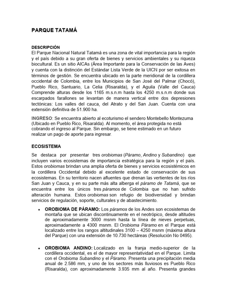 PARQUE TATAMÁ Resumen | PDF | Ecología | Ciencias de la Tierra