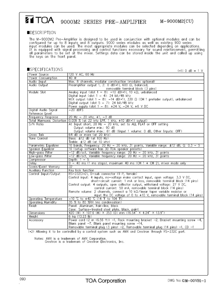 Toa M-9000m2 Digital Matrix Mixer Spec Sheet Specification | PDF
