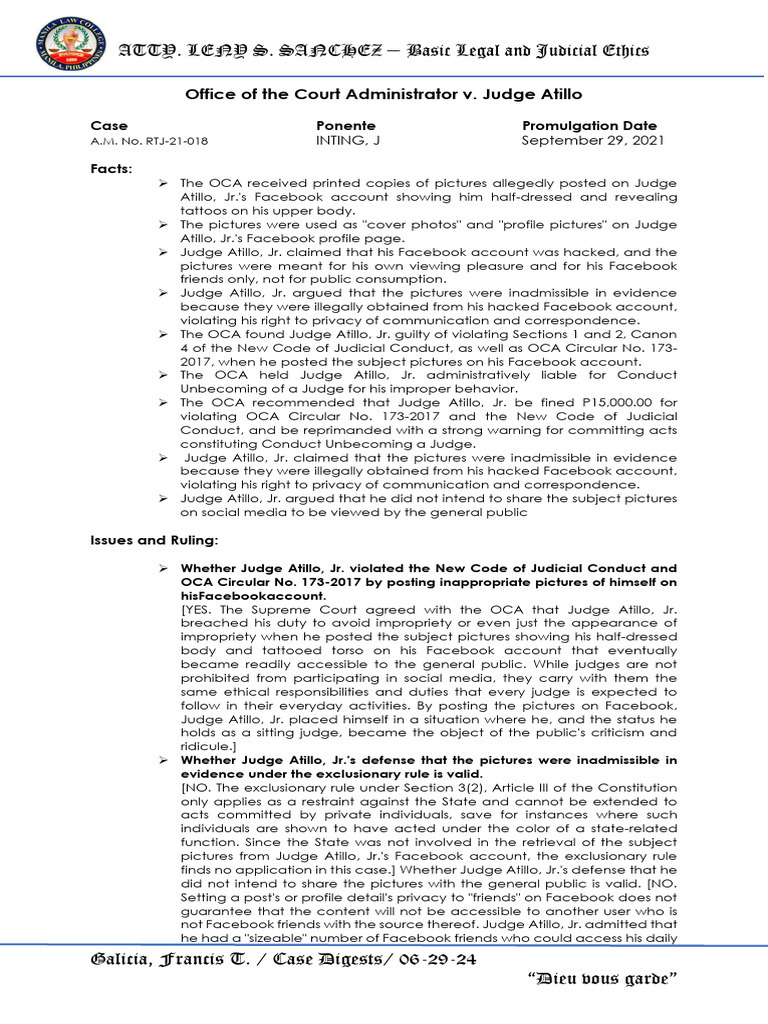 Office of The Court Administrator v. Judge Atillo | PDF | Exclusionary ...
