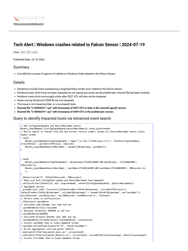 Tech Alert - Windows Crashes Related To Falcon Sensor - 2024-07-19 ...