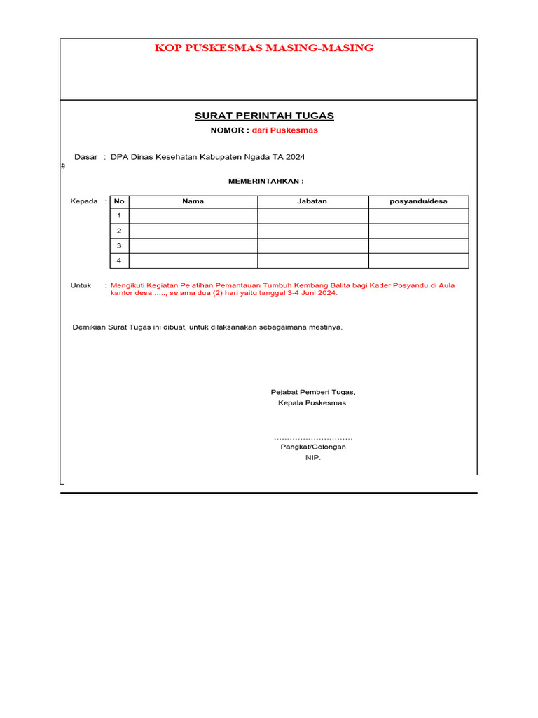 CONTOH Format SPT SPPD PELATIHAN KADER 2024 | PDF