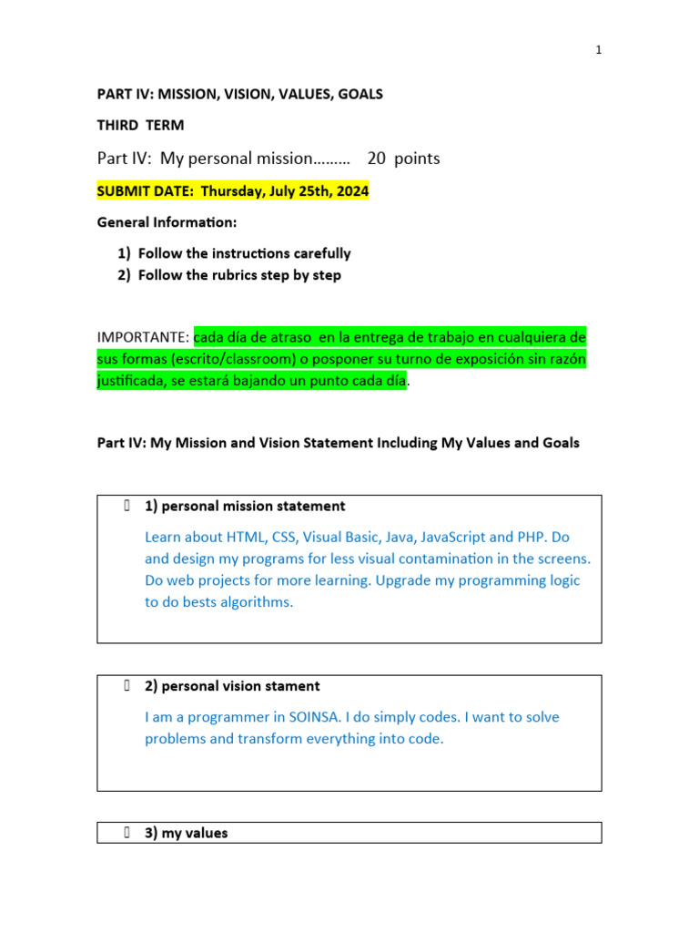 Personal Mission and Vision Statement | PDF | Software Development ...