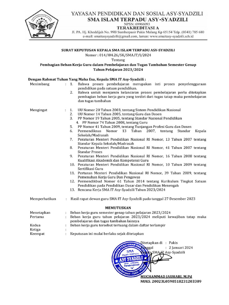 Konsideran SK Pembagian Beban Kerja Genap 2023 - 2024 | PDF
