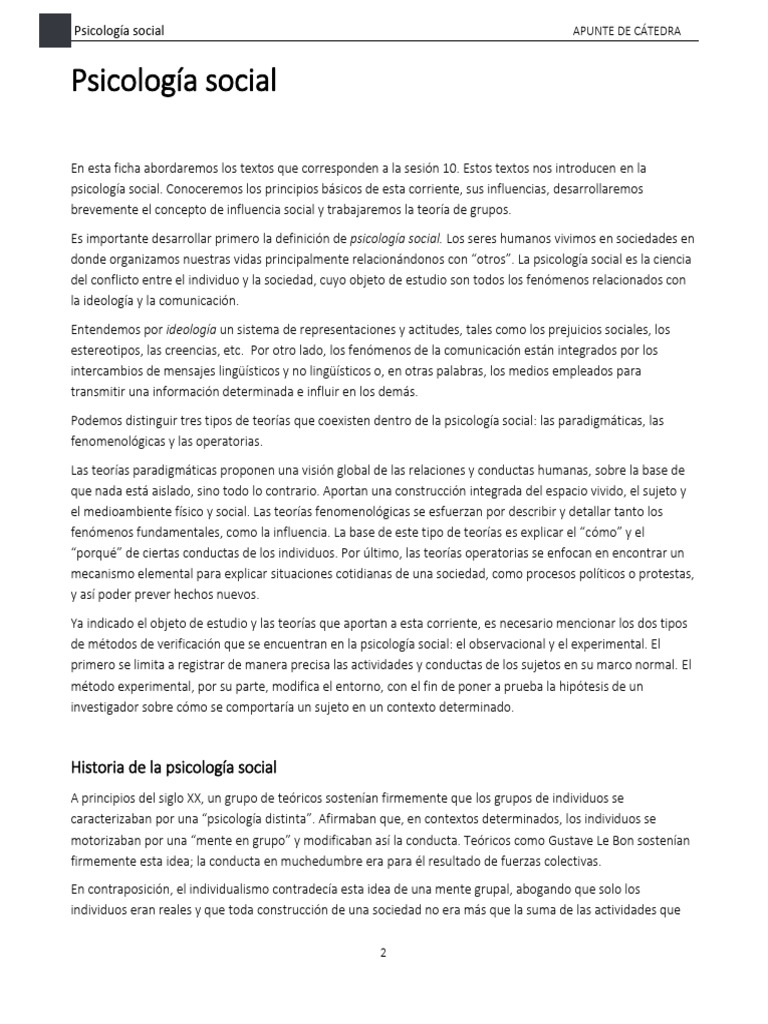 Apunte de Cátedra 10 - Sesión 10 - Psicología Social | PDF | Psicología Social | Sicología