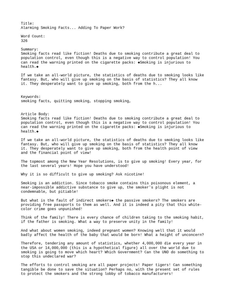 Alarming Smoking Facts... Adding To Paper Work | PDF | Tobacco Smoking | Addiction