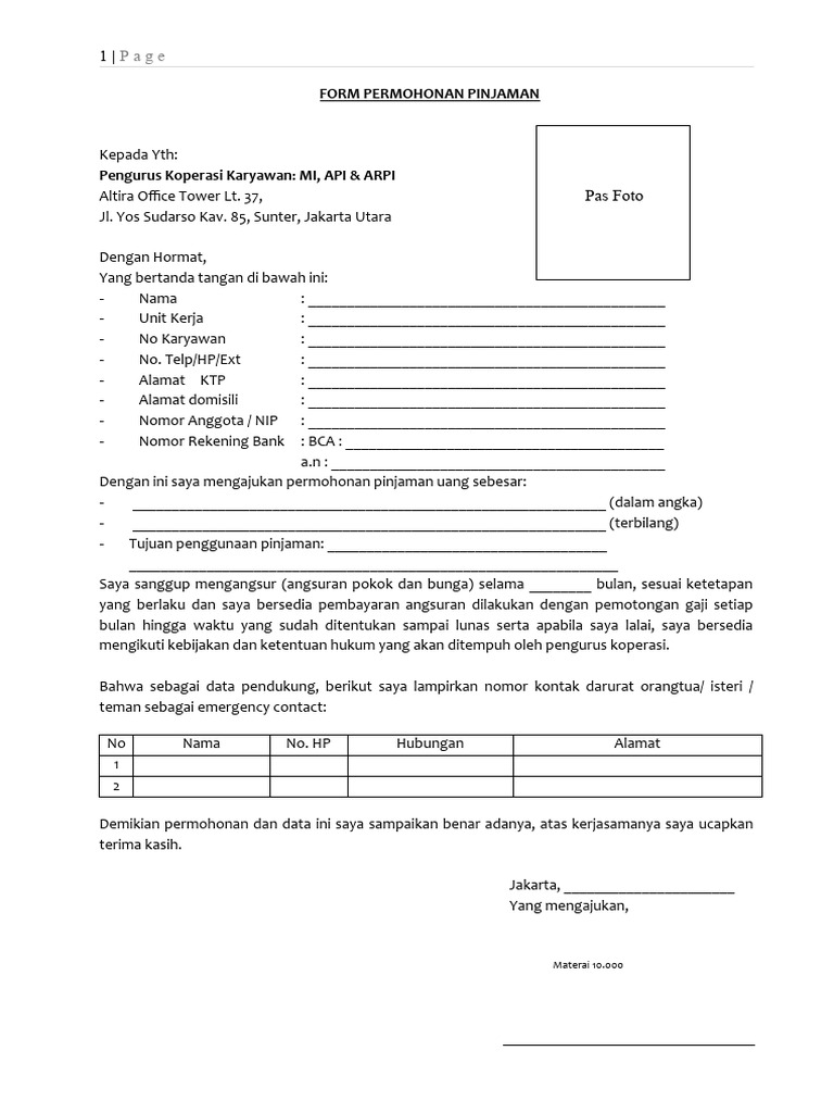Form - Pinjaman Koperasi | PDF | Bisnis | Pengelolaan Keuangan & Uang