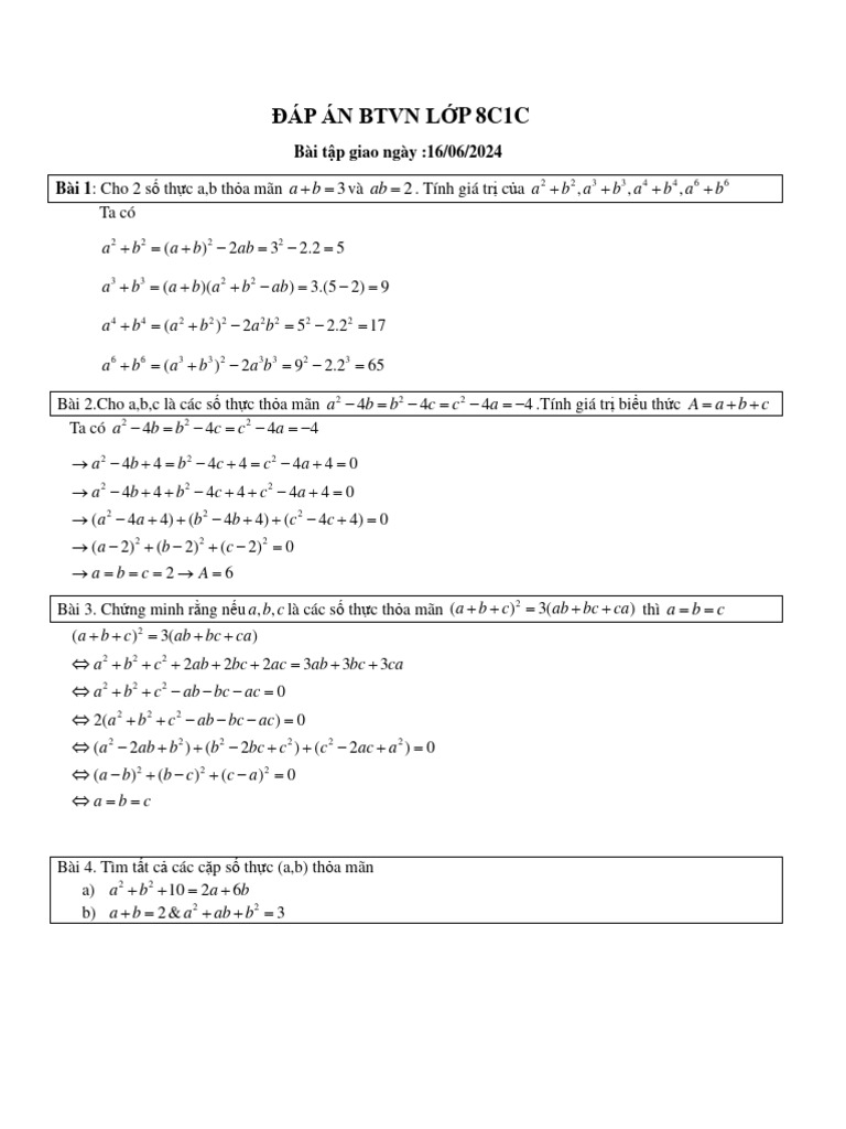 Đáp Án Btvn Lớp 8C1C: ab ab = - Tính giá trị của a ba ba ba b | PDF