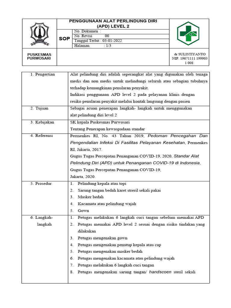 SOP PENGGUNAAN APD LEVEL 2 | PDF