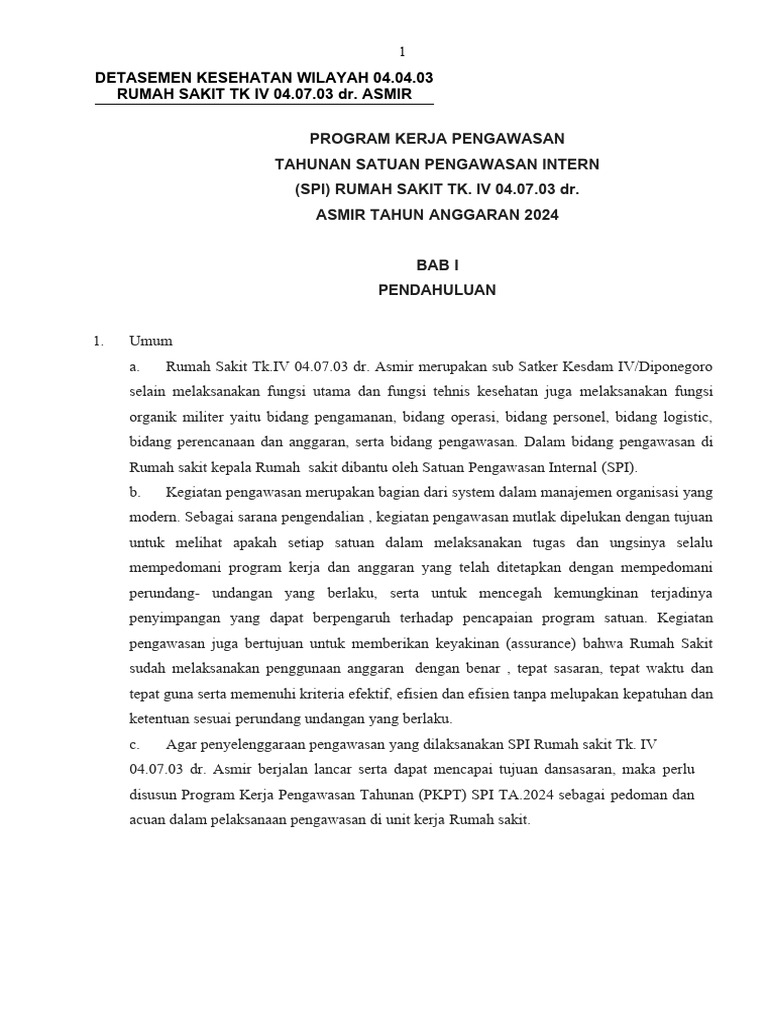 Program Kerja Satuan Pengawas Intern Spi DR - Asmir 2024 | PDF | Bisnis | Teknologi & Rekayasa