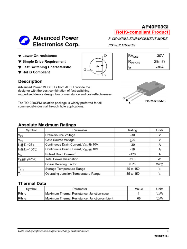 AP40P03GI Power MOSFET Specifications | PDF | Field Effect Transistor ...